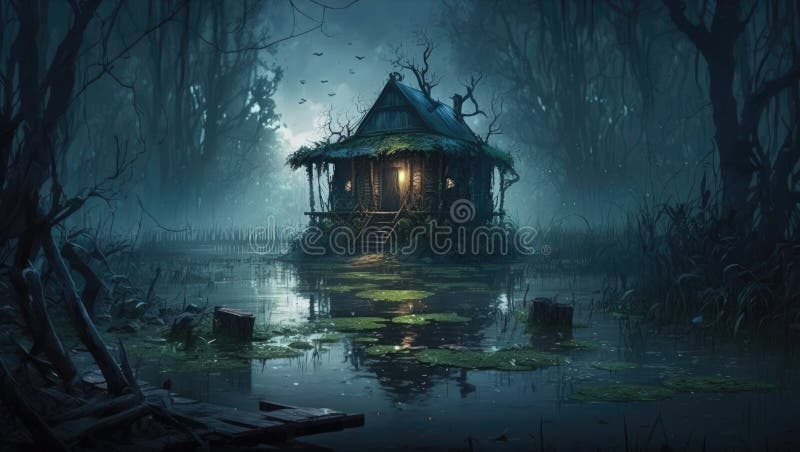 A Gloomy Witch S House in a Swamp in the Forest Stock Illustration ...