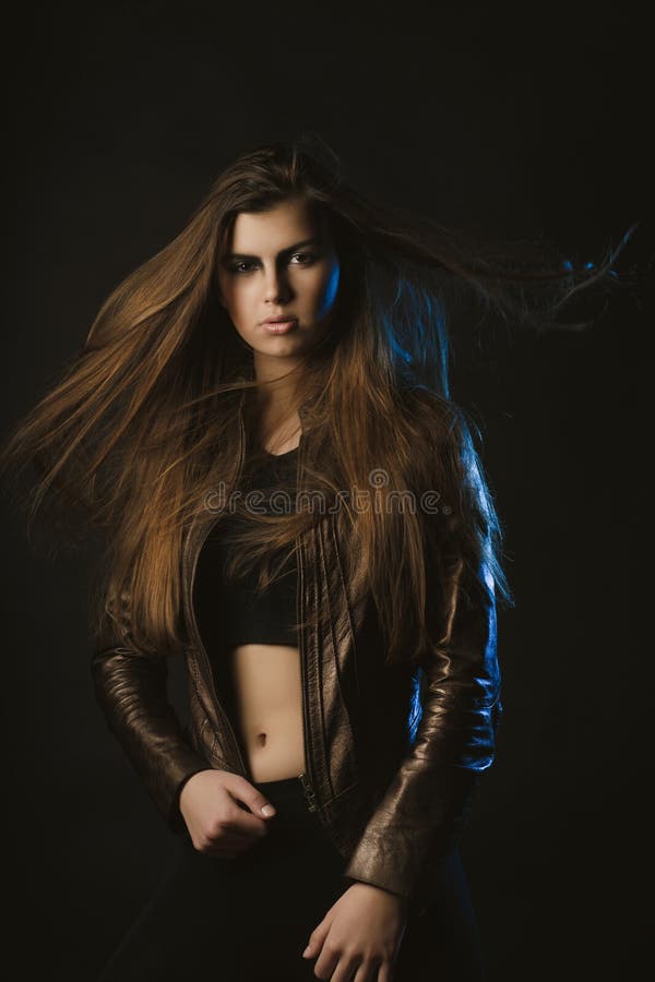 Glorious Brunette Lady with Long Hair in Motion Stock Photo - Image of ...