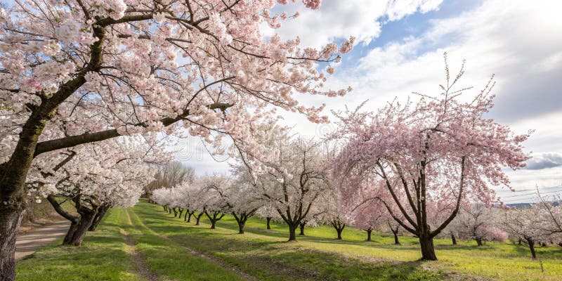 Glorious Spring with Blooming Cherry Trees Stock Illustration ...