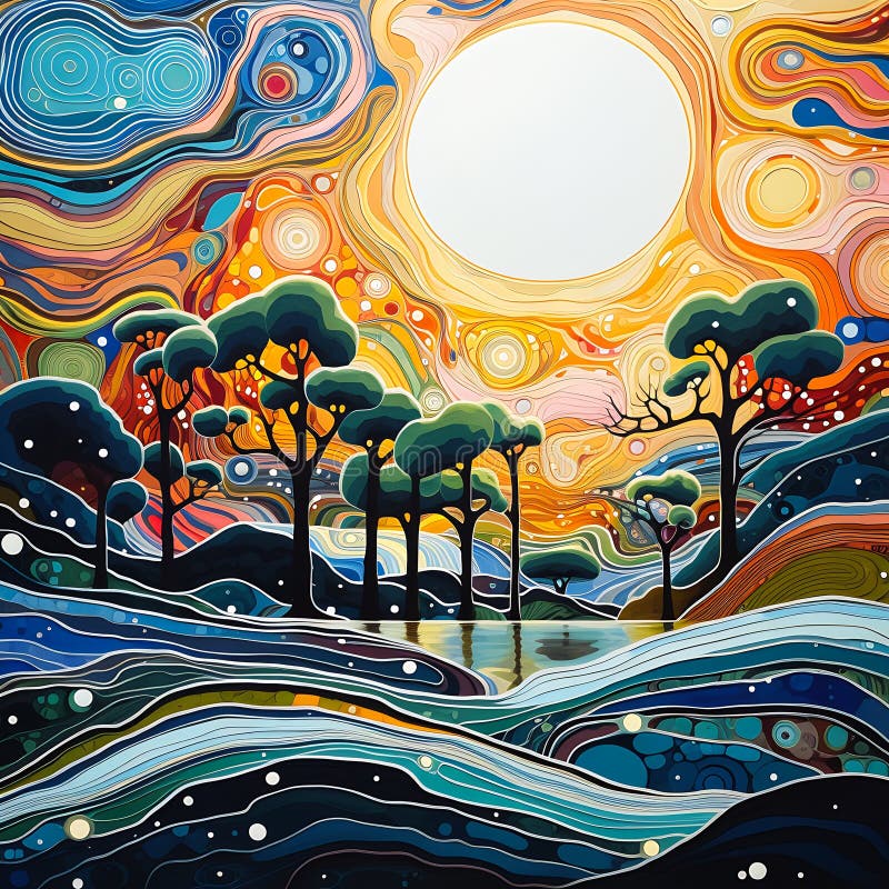 The Glorious Sun Rises Over the Tree-lined Horizon Stock Illustration ...