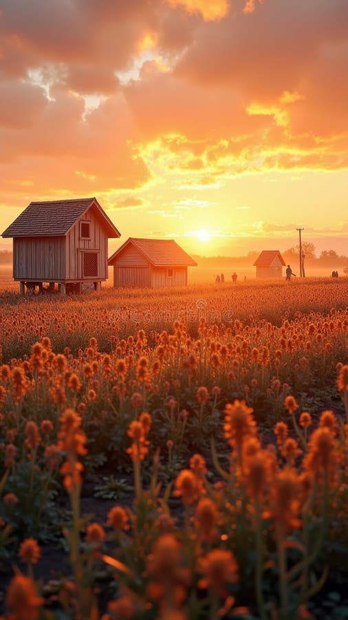 Glorious Sunrise Over Rustic Farm Cottages and Vibrant Flower Fields at ...
