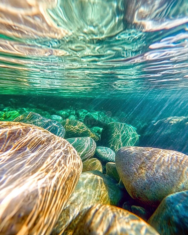 Glorious Underwater View of Decorative River Rocks Illuminated by Clear ...
