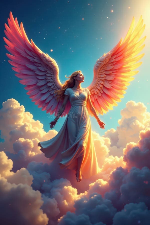 Glorious Winged Figure, Vibrant Colors, Clouds Backdrop, Shining, Color ...