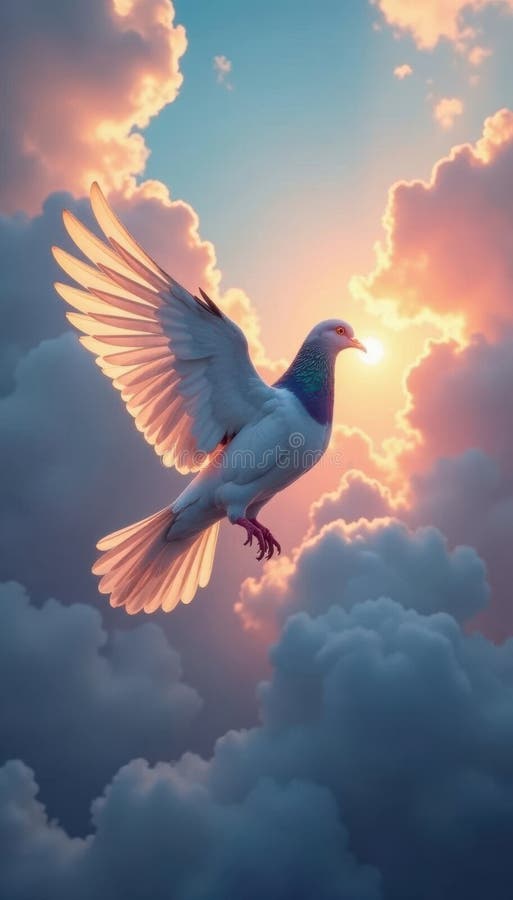 Glorious Winged Pigeon, Ethereal Glow, Amidst Rainbow Cloudscape ...