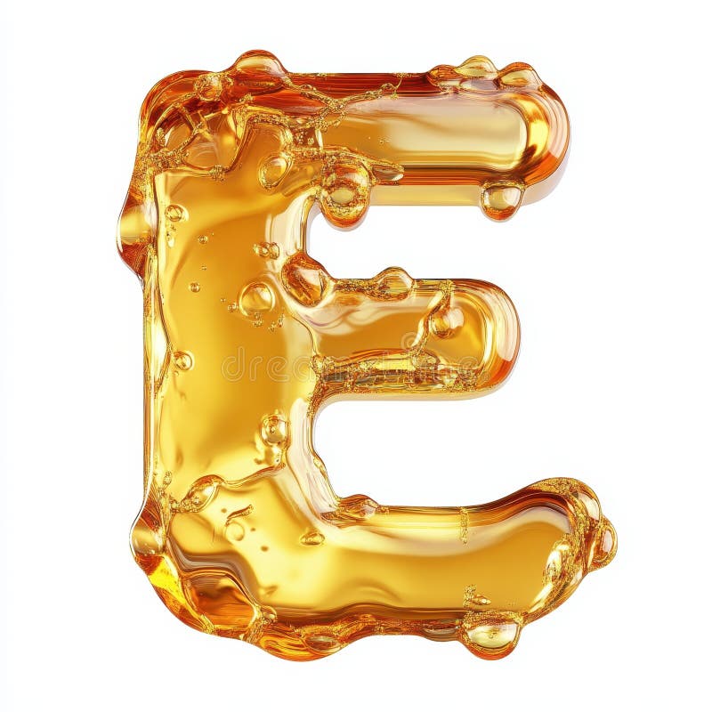 A Glossy, Amber-colored Letter "E" Resembling Liquid with Bubbles Stock ...
