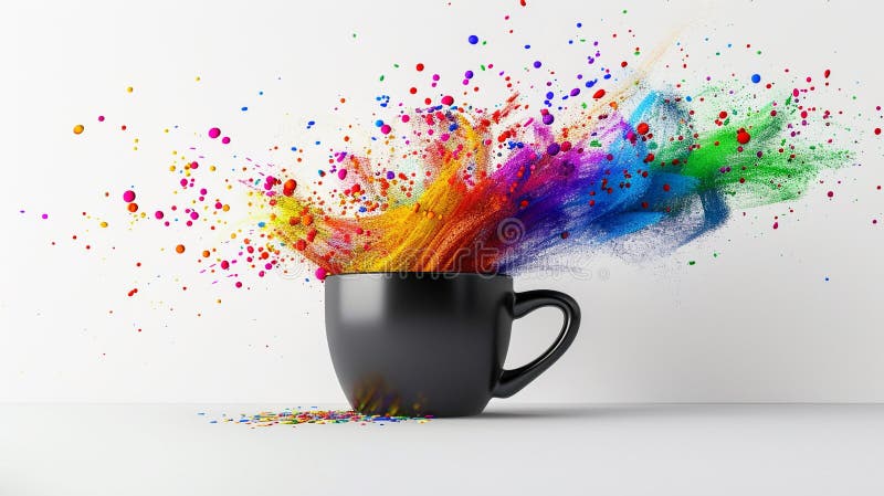 A Glossy Black Coffee Cup with a Rainbow Explosion, Vibrant Colors ...