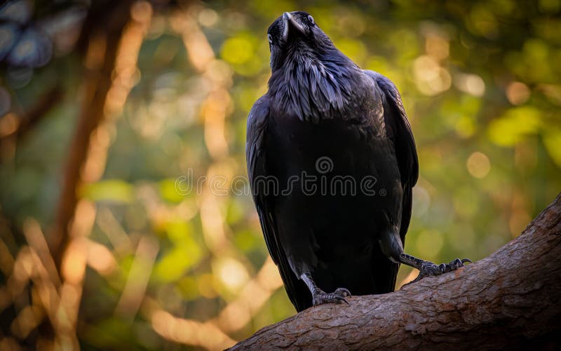 Glossy Black Crow Perched on a Tree Branch. Stock Image - Image of ...