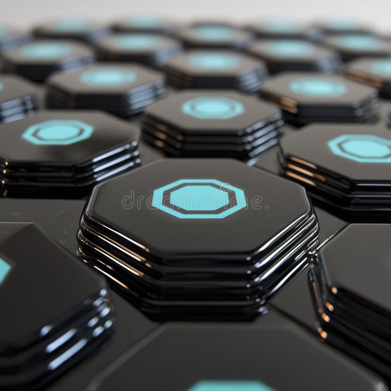 A Photograph Displays an Array of Black Hexagonal Tiles, Each Adorned ...