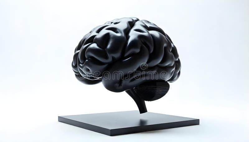 Glossy Black Realistic Brain Sculpture on Black Pedestal Over White ...