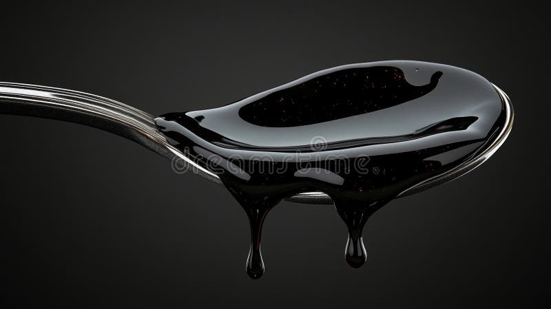 Glossy Black Syrup is Falling from a Silver Spoon Set Against a Dark ...