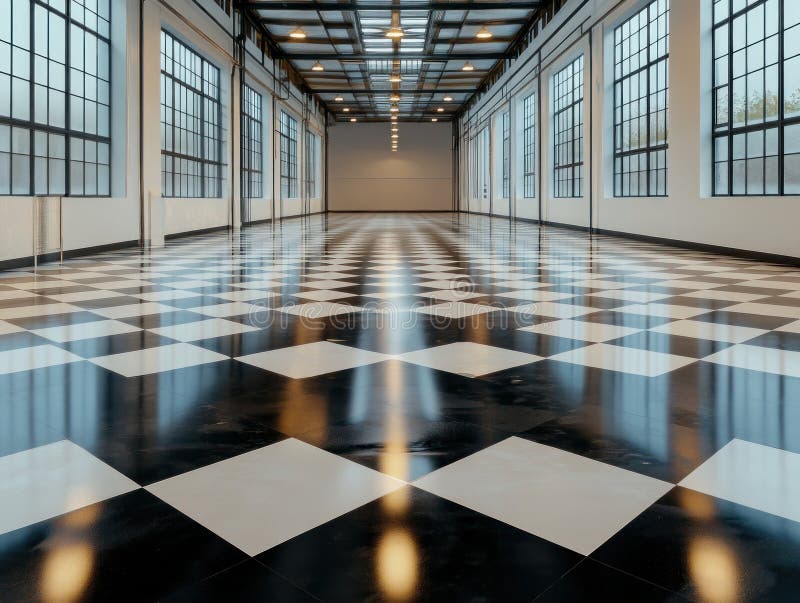Glossy Black and White Checkerboard Floor in a Modern Industrial Space ...