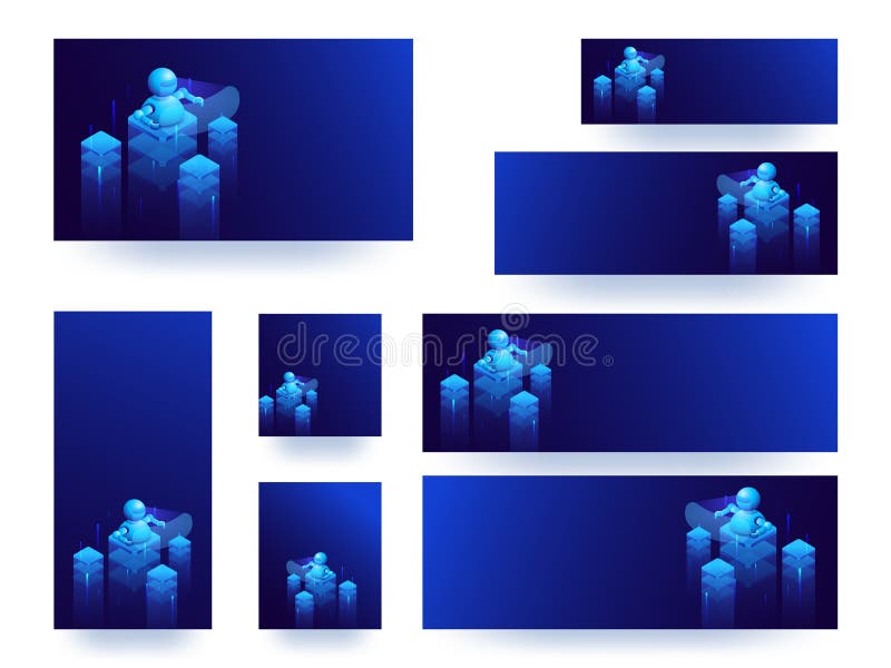 Glossy Blue Banner or Template Set with Isometric View of a Robot on ...