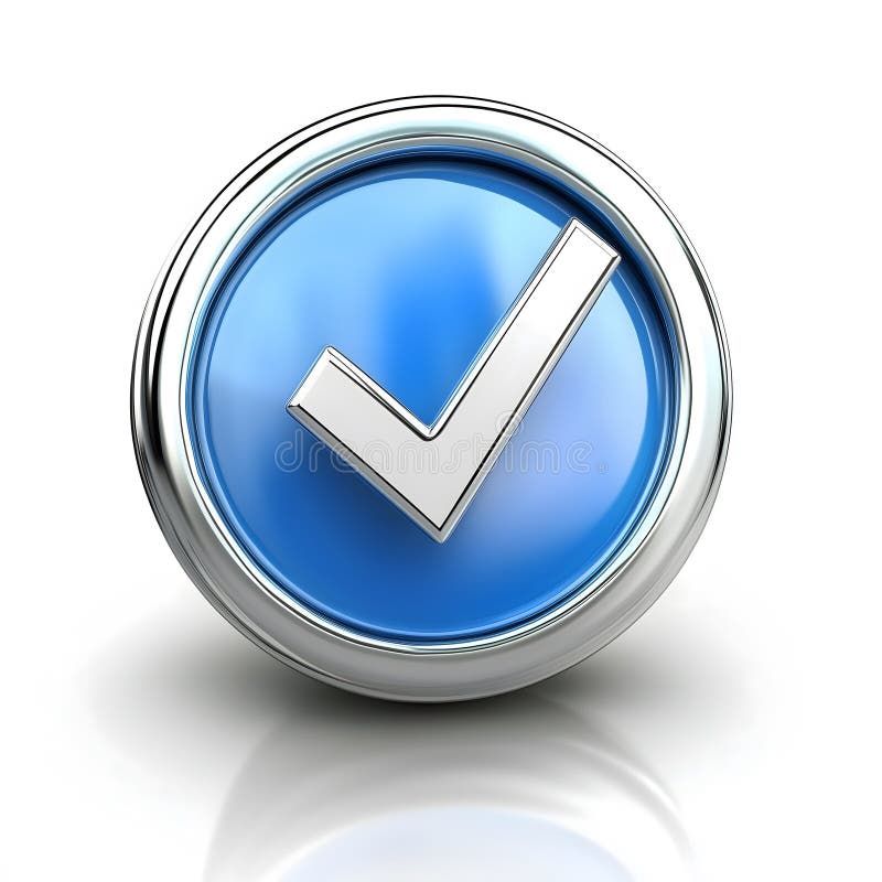 Glossy Blue Check Mark Icon in Metallic Round Button Isolated on White ...