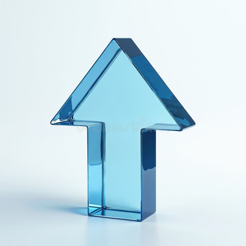 Glossy Blue Glass Arrow Points Upward on Transparent Background. Three ...