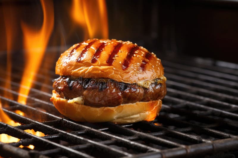 Glossy Burger Bun on Open Flame Grill Stock Photo - Image of food ...