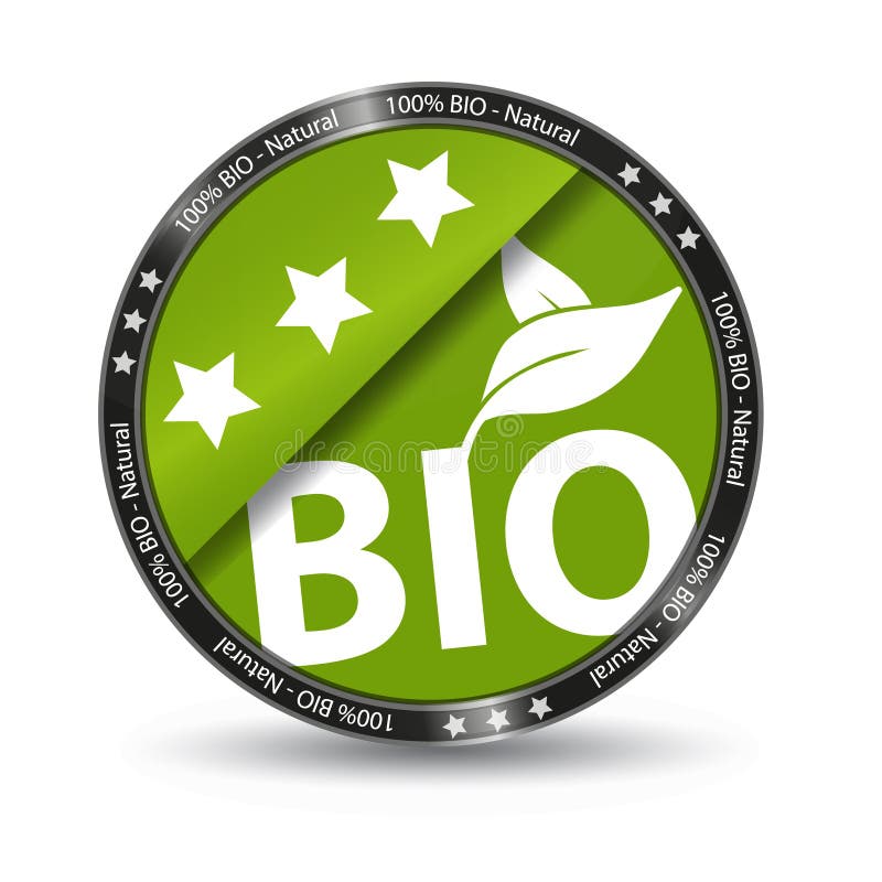 Glossy Button Bio with Leaves and Stars - Green Vector Illustration ...