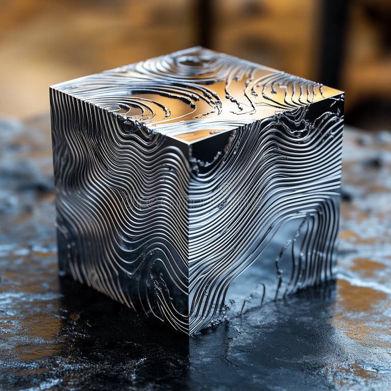 Glossy Cube Surface with Frozen Soundwaves and Engraved Circuits Stock ...