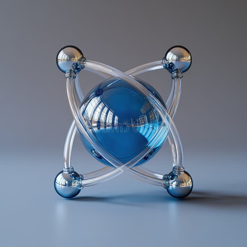 Glossy 3D Atom Model with Reflections on a Dark Background Stock ...