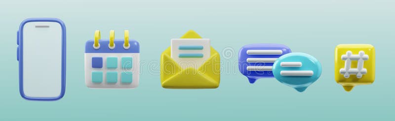Glossy 3D Social Communication Vector Icon Set. Phone, Email, Calendar ...