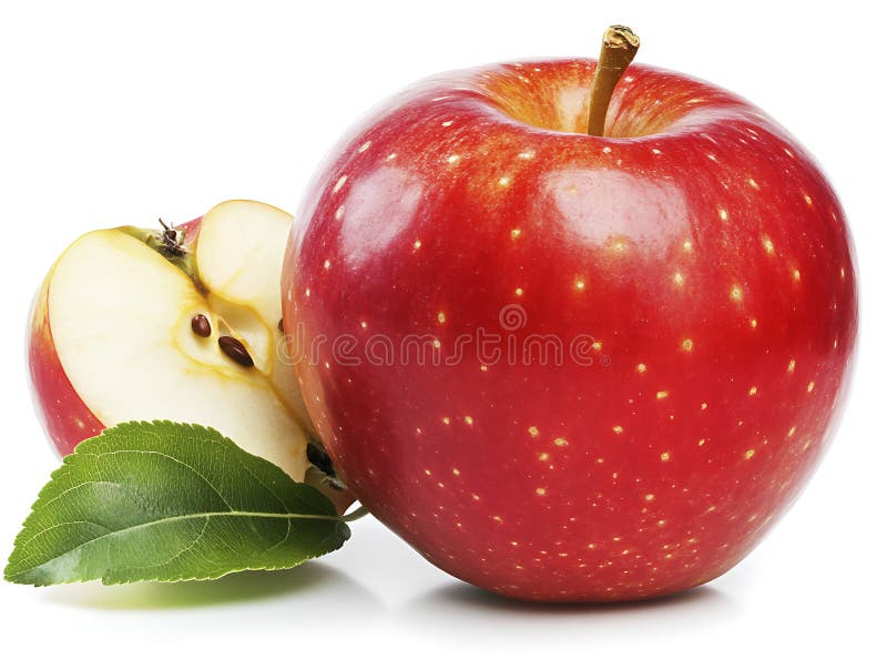 Glossy Fresh Red Apple with Stem and Leaf on White Background Stock ...