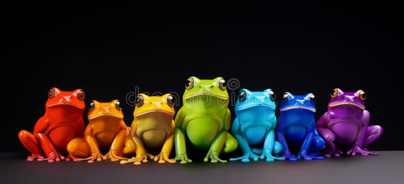 Glossy Frogs in Rainbow Hues Sitting Against a Dark Backdrop Stock ...