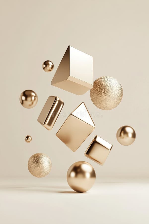 Glossy Gold Cubes, Spheres, and Pyramids Float in a Modern Arrangement ...