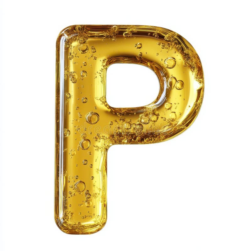 A Glossy, Golden Letter "P" with Bubbles, Resembling a Liquid or ...