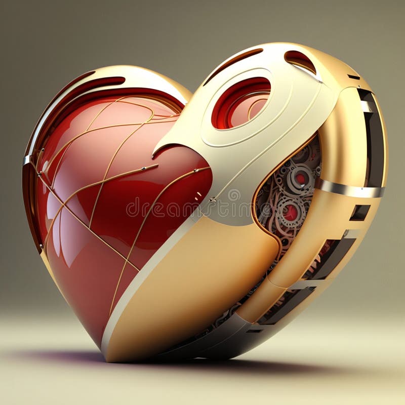 Glossy Golden and Red Robotic Heart in 3D Stock Illustration ...