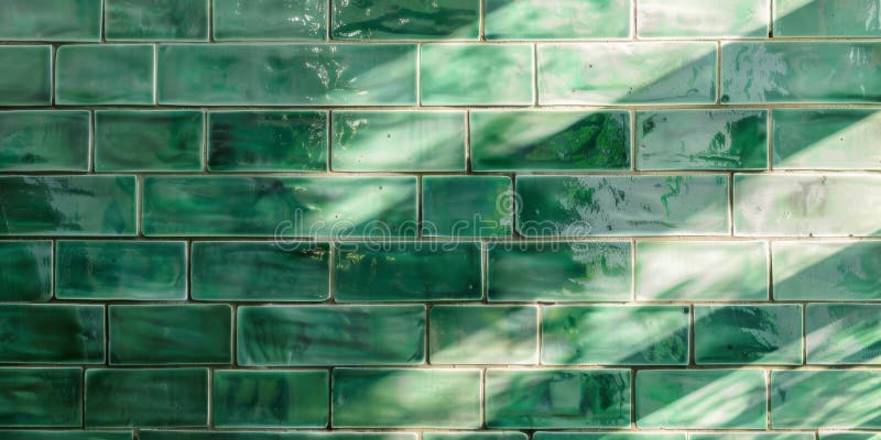 Glossy Green Brick Tile Wall with Sunlight. Textured Green Ceramic ...