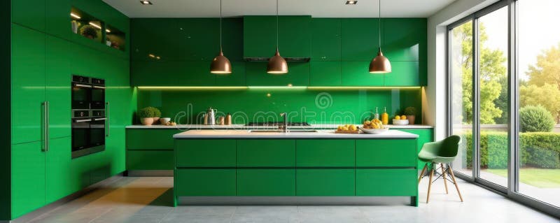 Glossy Green Kitchen, Integrated Appliances, Pendant Lighting, Open ...