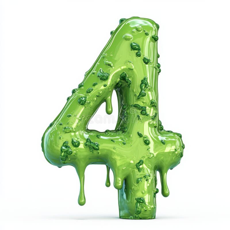 A Glossy Green Number Four with a Dripping Effect, Resembling Slime or ...