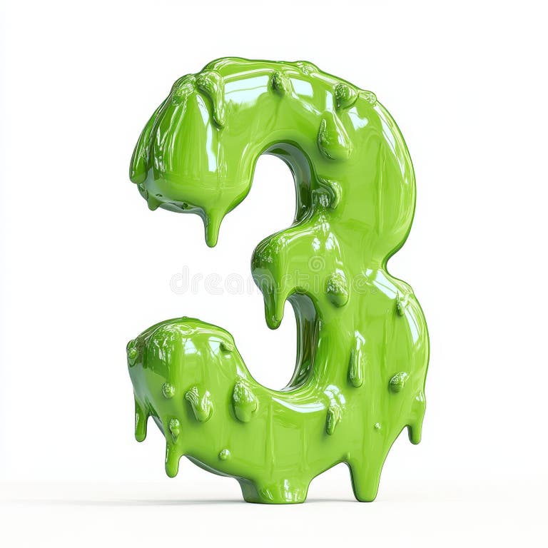 A Glossy Green Number Three with a Dripping, Slime-like Texture Stock ...