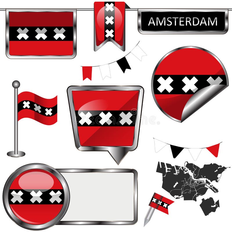 Glossy Icons with Flag of Amsterdam, Netherlands Stock Vector ...