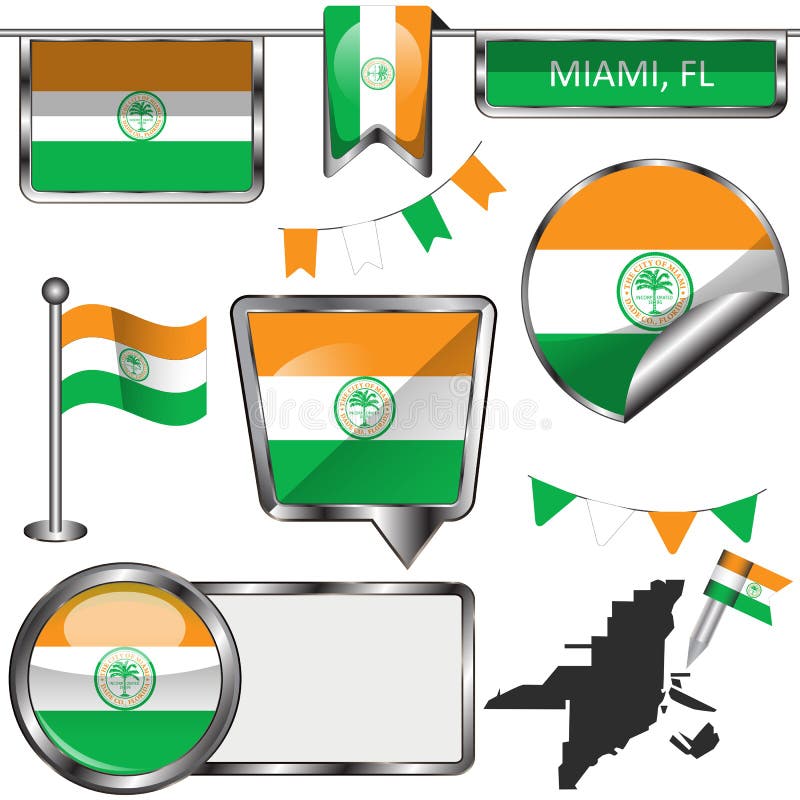 Glossy Icons with Flag of Miami, USA Stock Vector - Illustration of ...
