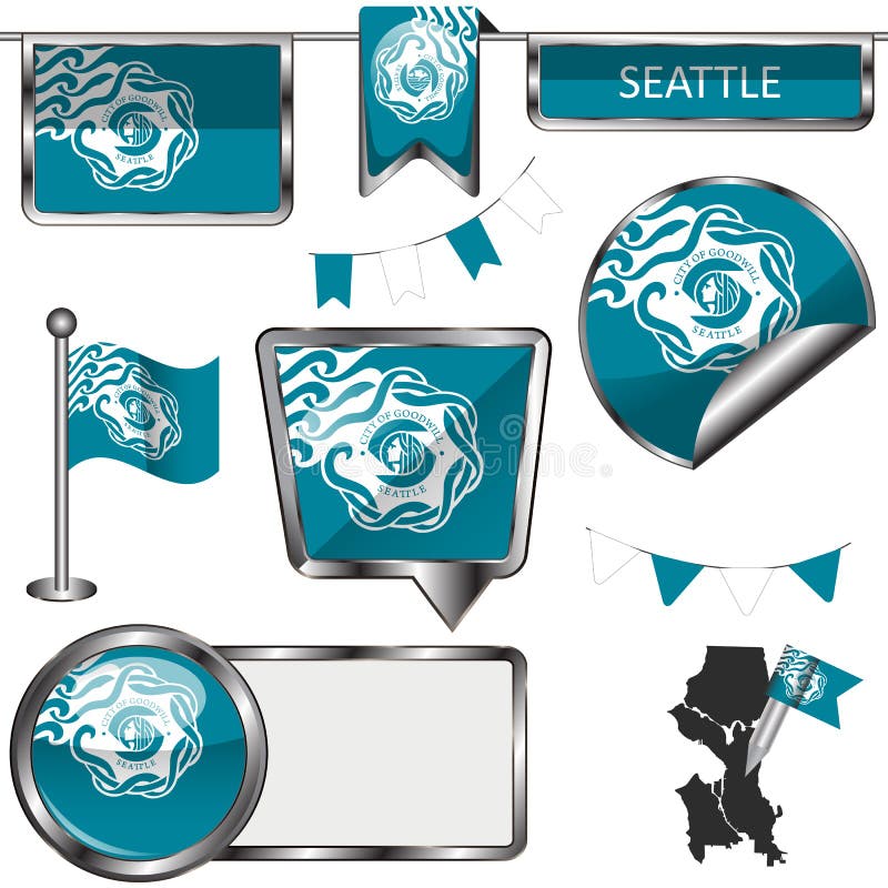 Glossy Icons with Flag of Seattle Stock Vector - Illustration of ...