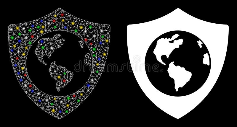 Glowing Mesh Wire Frame Earth Shield Icon with Flash Spots Stock ...