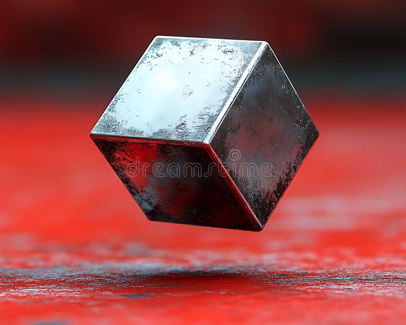 Glossy Metallic Cube Floating Against a Red Surface Stock Illustration ...