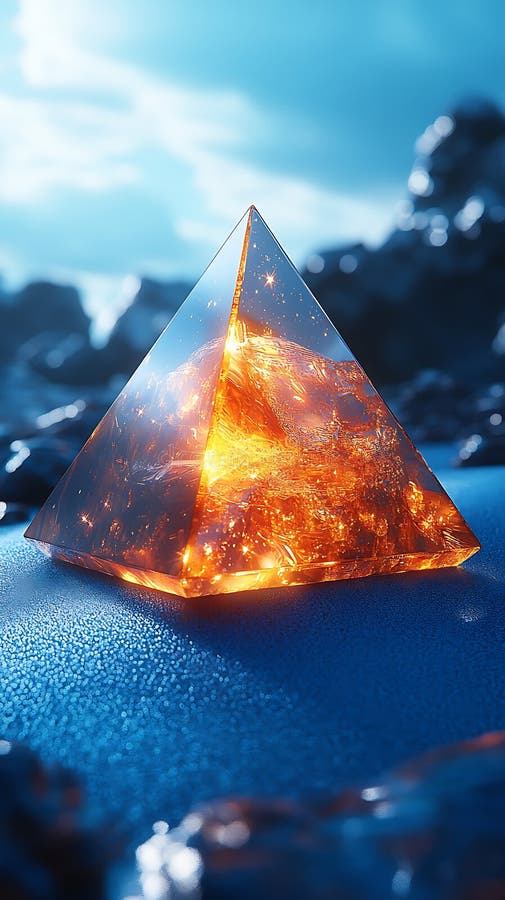 Glossy Metallic Pyramid Floating on a Solid Blue Backdrop Stock ...