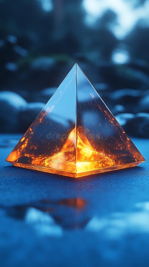 Glossy Metallic Pyramid Floating on a Solid Blue Backdrop Stock ...