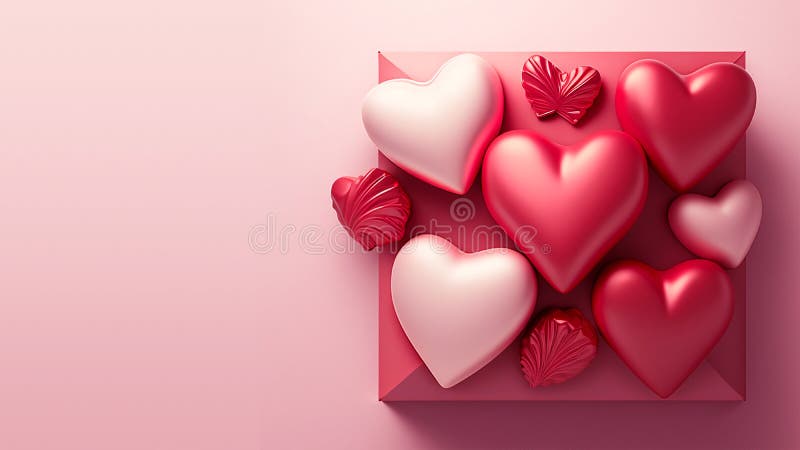 Glossy Pastel Red and White Heart Shapes on Pastel Pink Background. 3D ...