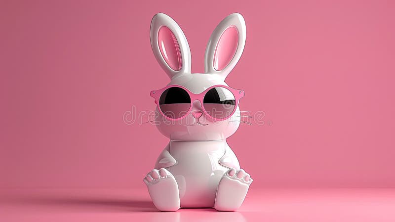 Glossy Pink Bunny with Big Ears and Sunglasses on Pink Background ...