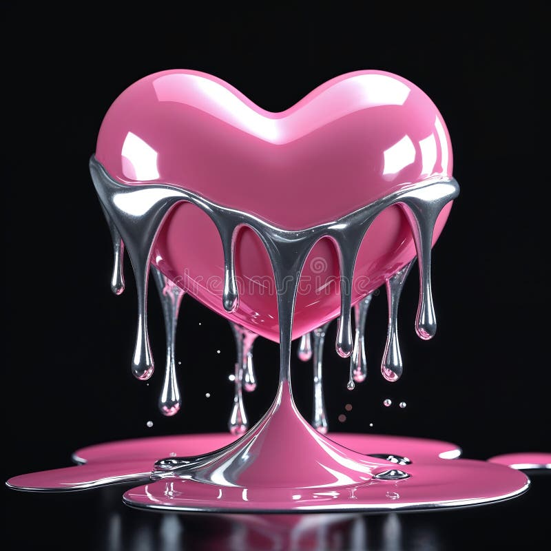 Glossy Pink Heart with Dripping Silver Liquid and Reflective Surface ...