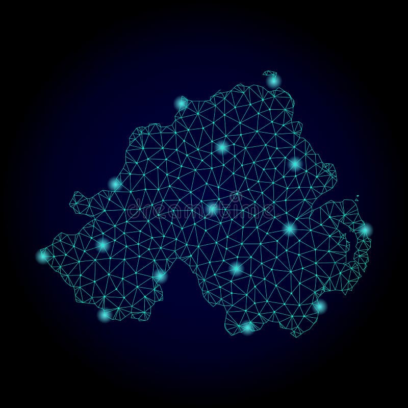 Polygonal Network Mesh Map of Northern Ireland with Light Spots Stock ...
