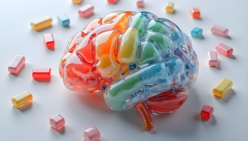 Glossy Rainbow Brain Model Surrounded by Soft-Colored Cubes on White ...
