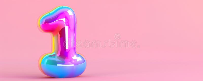 Glossy Rainbow Colored Number 1 One Balloon on Pink Background Stock ...