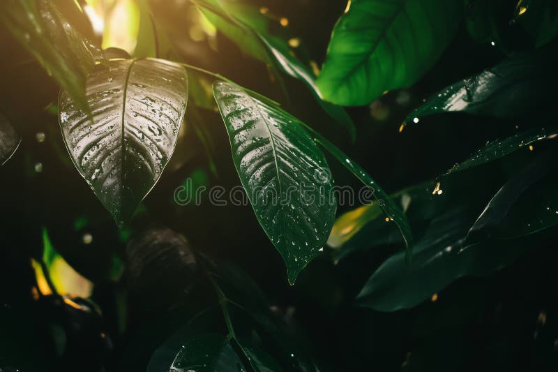 Glossy Rainforest Leaf Texture with Visible Water Droplets, Vibrant ...