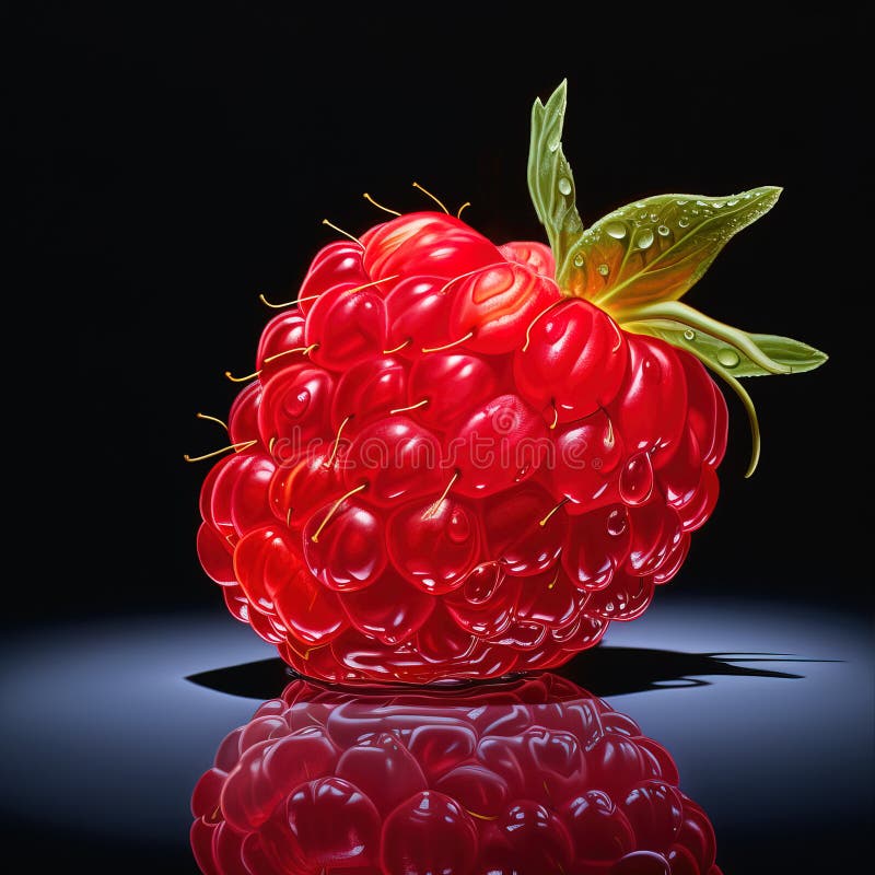 Glossy Raspberry-Shaped Artwork with Dewy Leaves on Reflective Surface ...