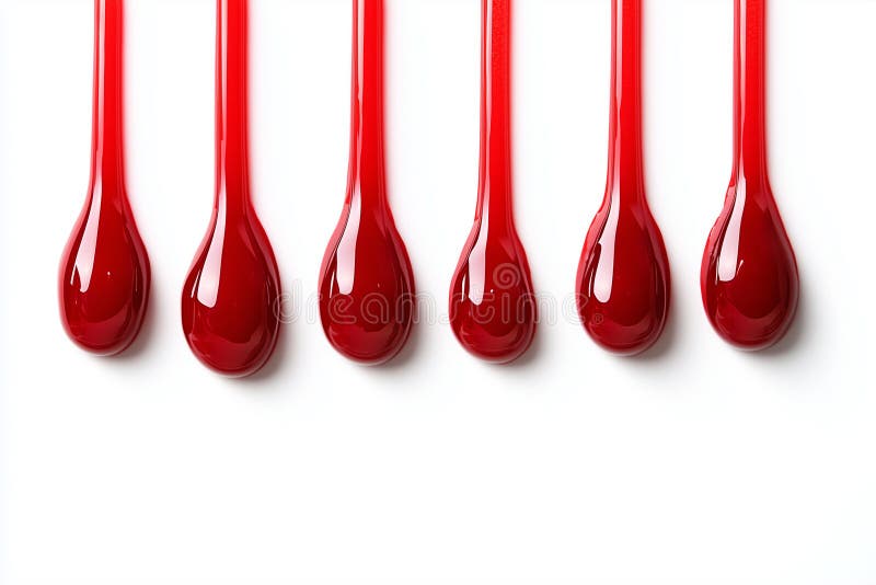 Glossy Red Drops of Liquid Arranged in Line on White Background Create ...