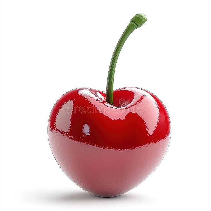 A Glossy Red Heart-shaped Cherry with a Green Stem, Showcasing a ...