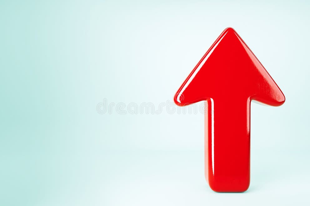 Glossy Red Upward Arrow on Light Blue Background. 3D Rendering Stock ...